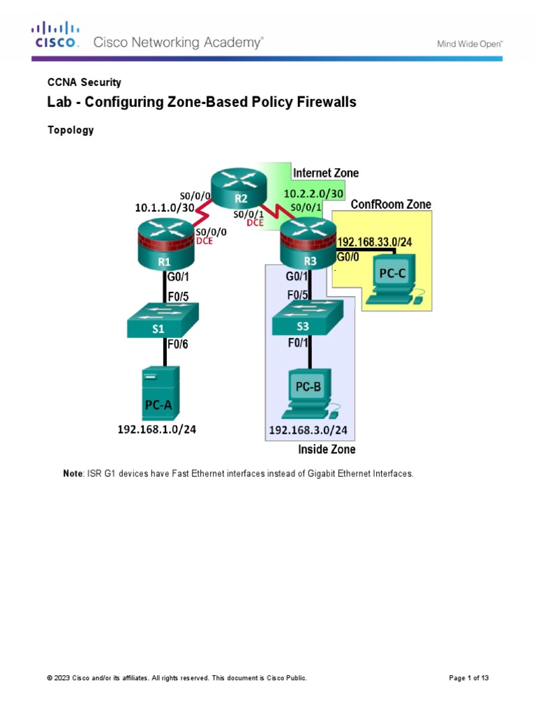 4.4.1.2 Lab - Configuring Zone-Based Policy Firewalls | PDF | Router (Computing) | Ip Address
