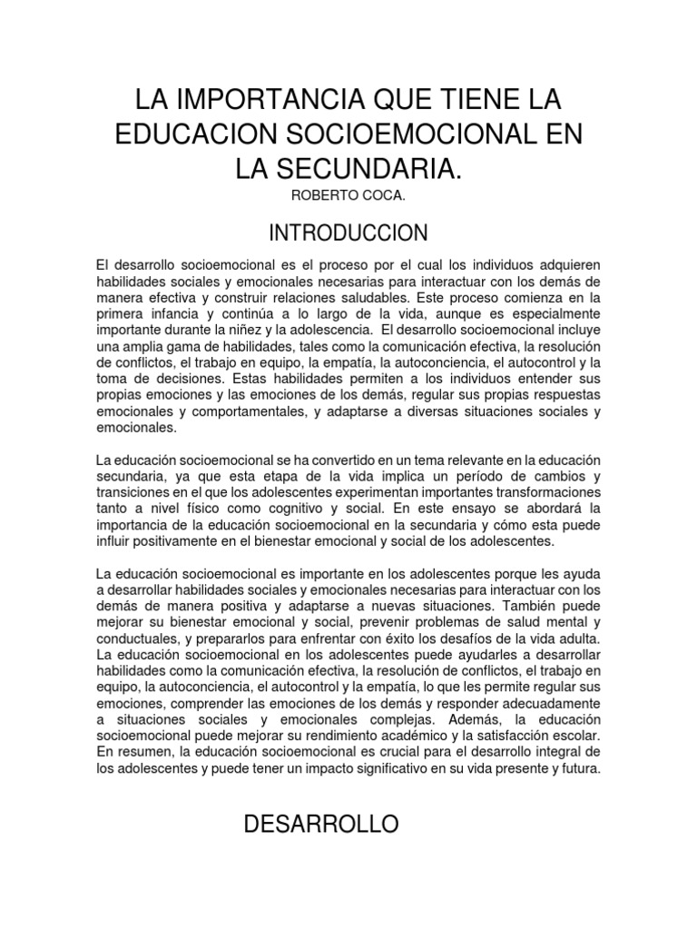La Importancia Que Tiene La Educacion Socioemocional en La Secundaria | PDF | Las emociones ...
