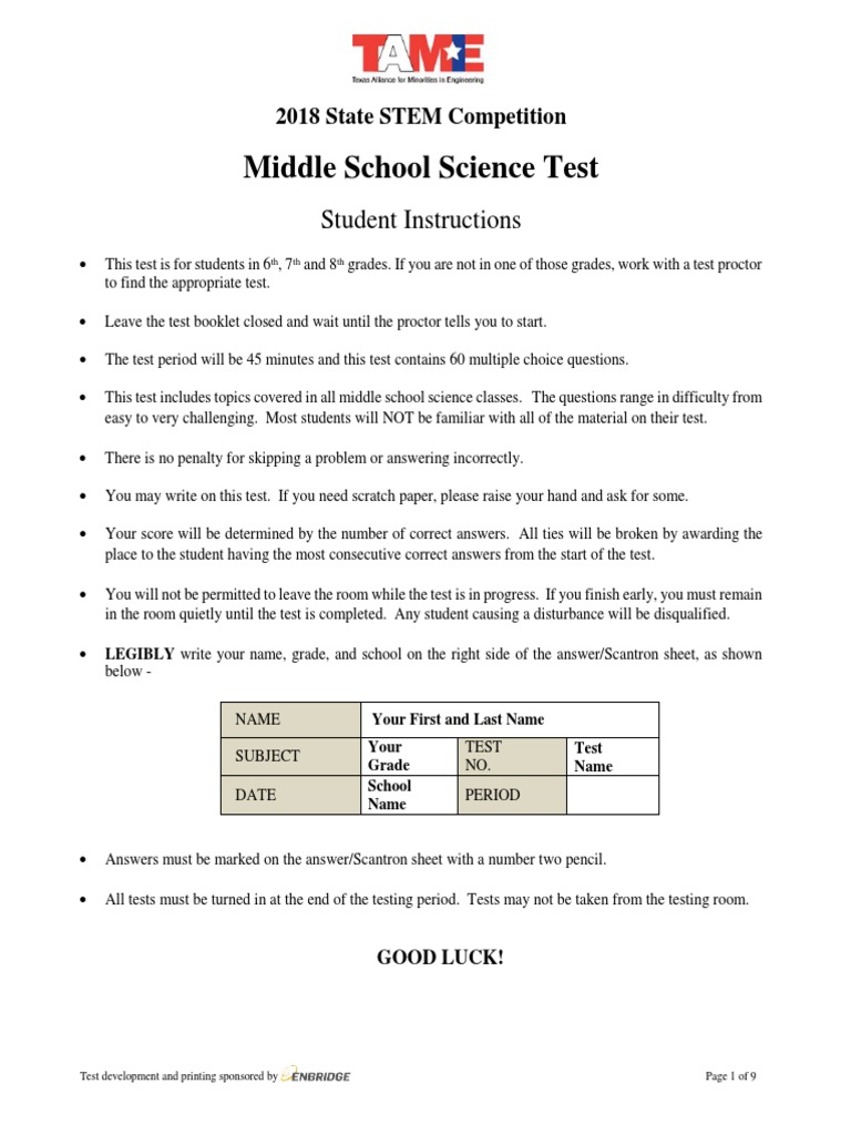 Middle School Science Test | PDF | Moon | Plants