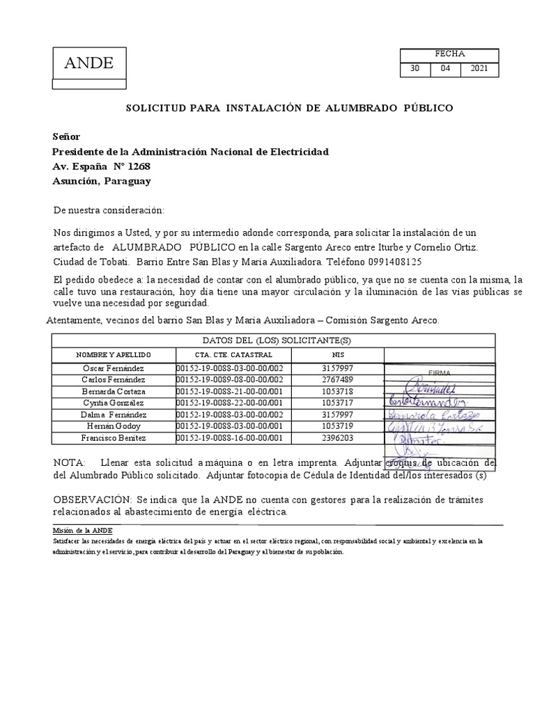 Solicitud Para Instalaciòn De Alumbrado Pùblico Pdf