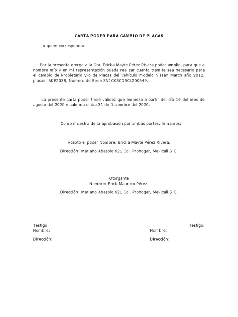 Carta Poder para Cambio de Placas | PDF Carta Poder para Cambio de Placas | PDF