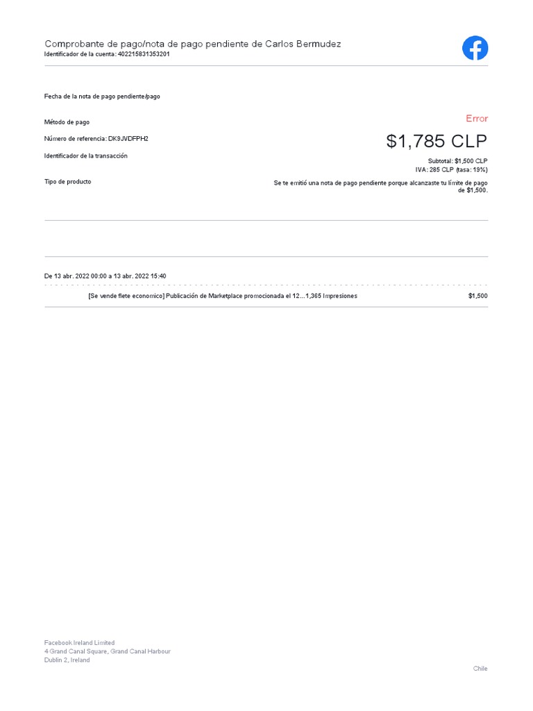 Comprobante de Pago/nota de Pago Pendiente de Carlos Bermudez | PDF