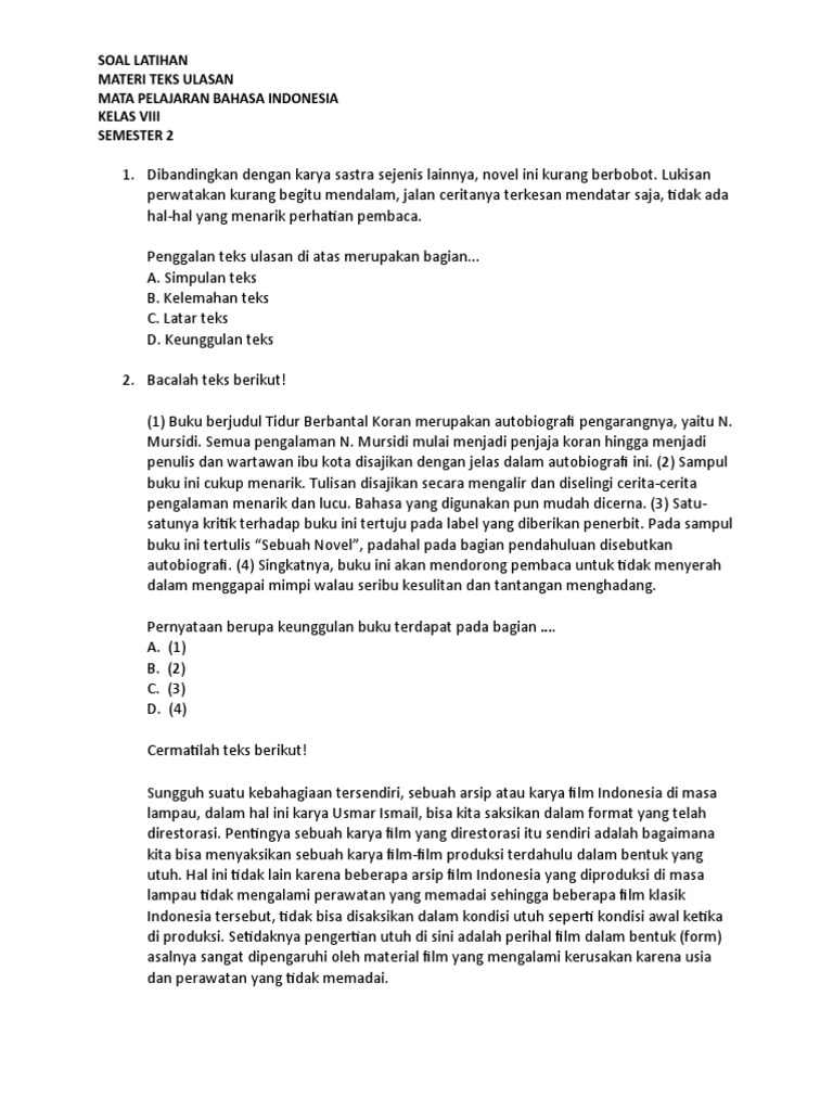 Soal Latihan Materi Teks Ulasan Mata Pelajaran Bahasa Indonesia Kelas Viii Semester 2 | PDF ...