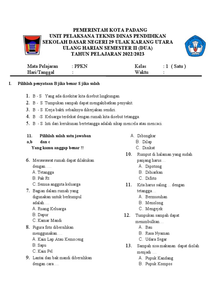 Soal PTS PKN Semester 2 Kelas 1 | PDF