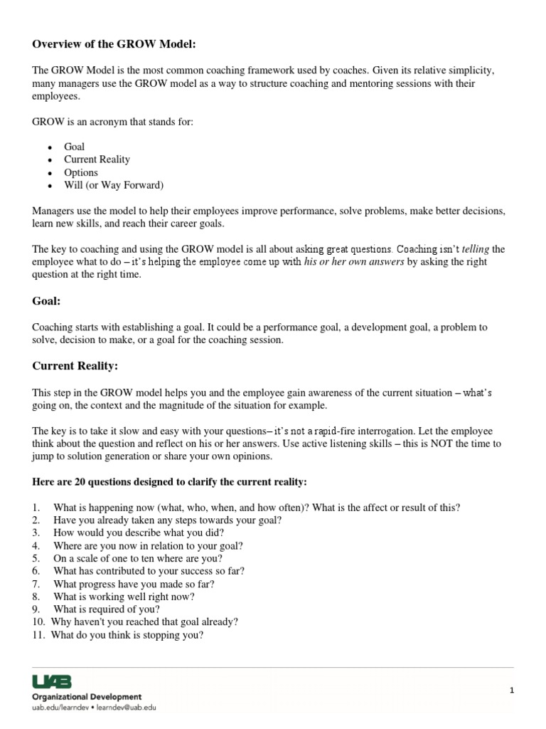 Overview of The GROW Model:: Here Are 20 Questions Designed To Clarify ...