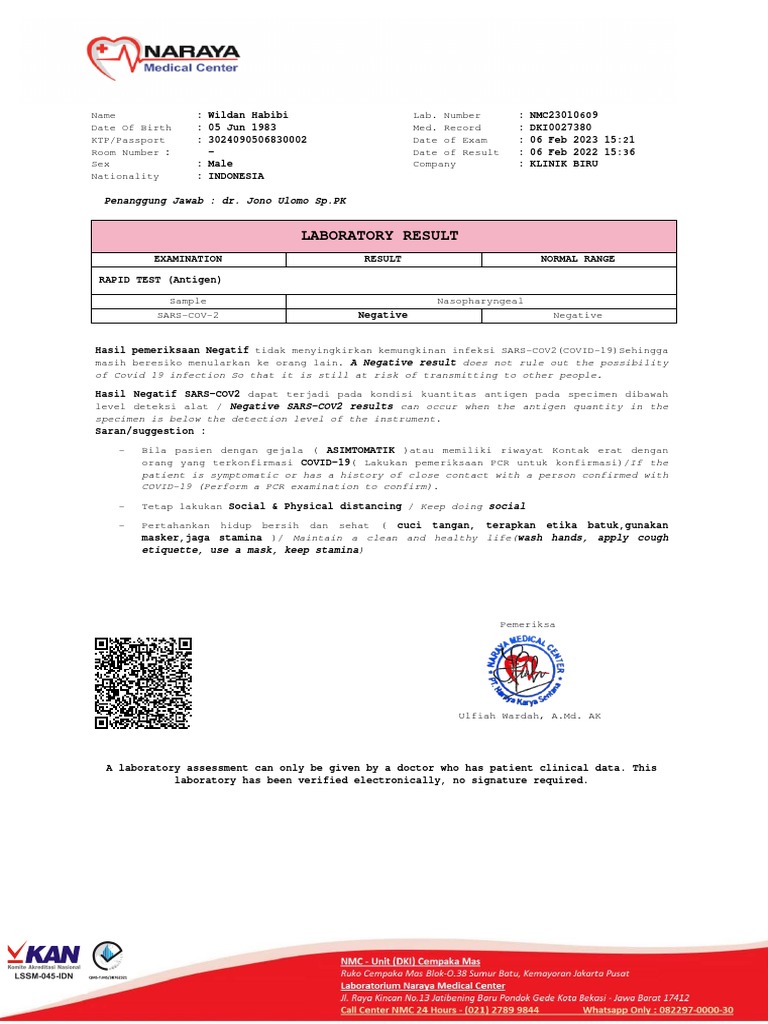 Laboratory Result: Penanggung Jawab: Dr. Jono Ulomo SP - PK | PDF | Medicine | Microbiology