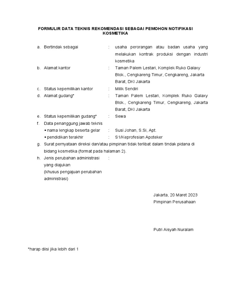 Formulir Data Teknis Rekomendasi Sebagai Pemohon Notifikasi Kosmetika | PDF