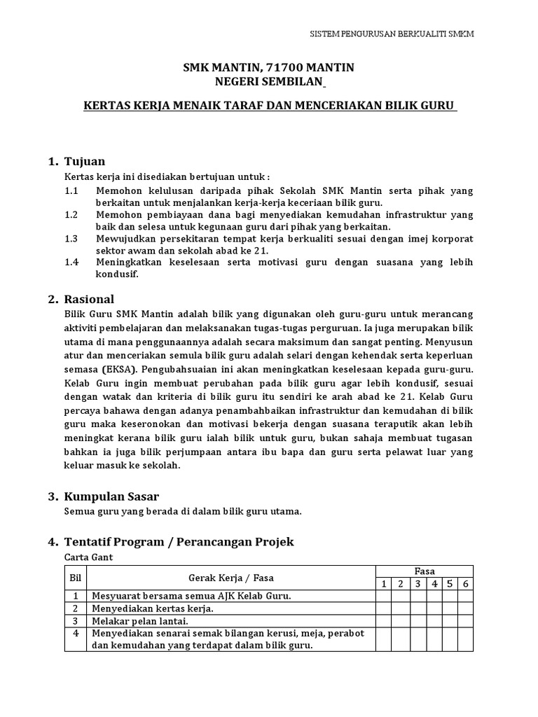 Kertas Kerja Menaik Taraf Dan Menceriakan Bilik Guru SMKM | PDF
