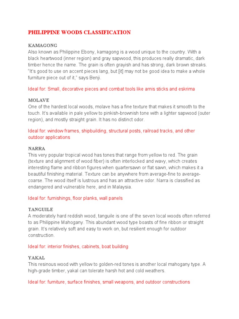 Philippine Woods Classification | PDF | Wood | Lumber
