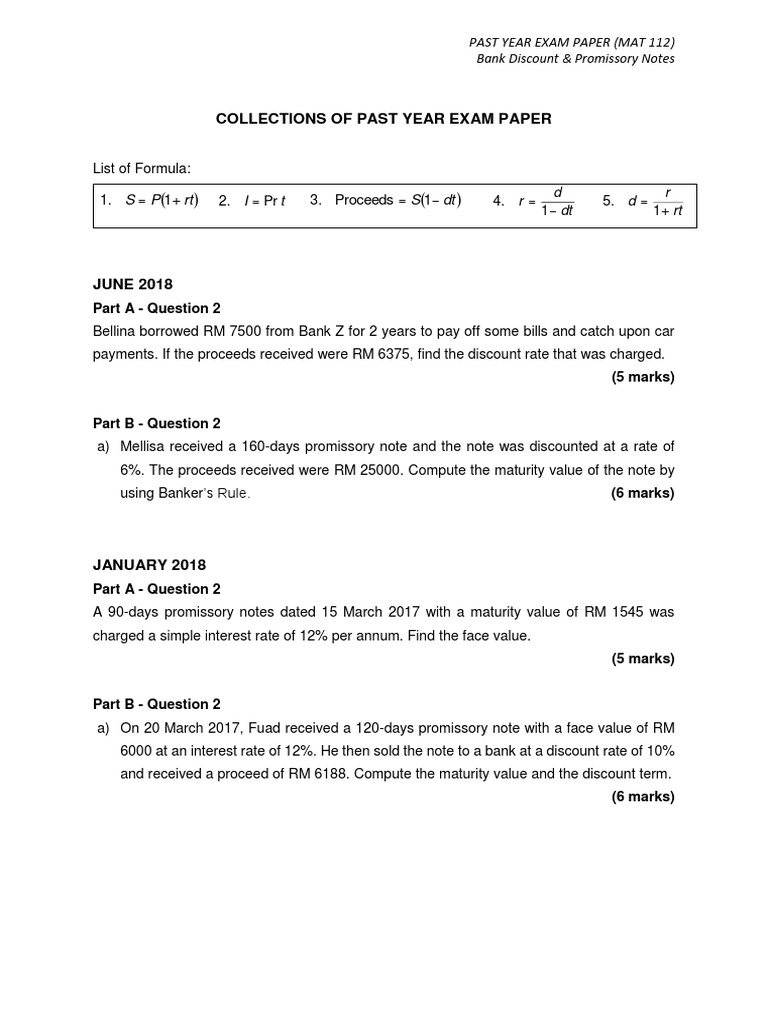 MAT112 - Past Year Bank Discount Promissory Notes | PDF | Interest ...