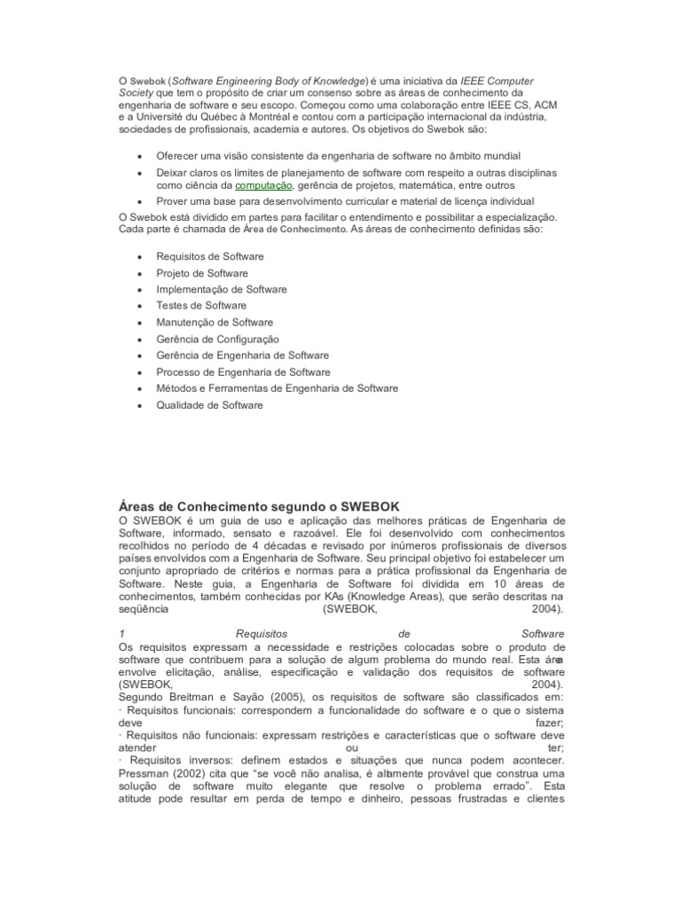 O Swebok Pdf Gestão De Projetos Engenharia De Software