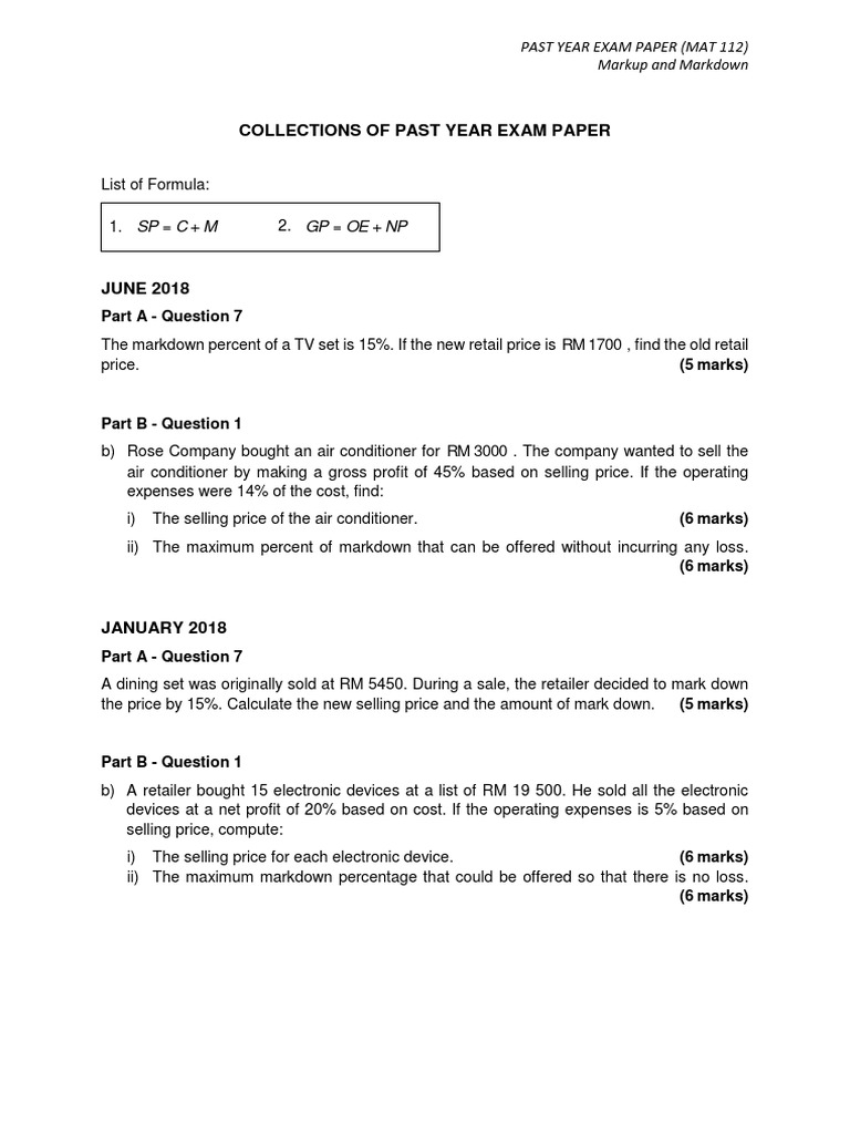MAT 112 Past Year Exam Questions | PDF | Prices | Cost