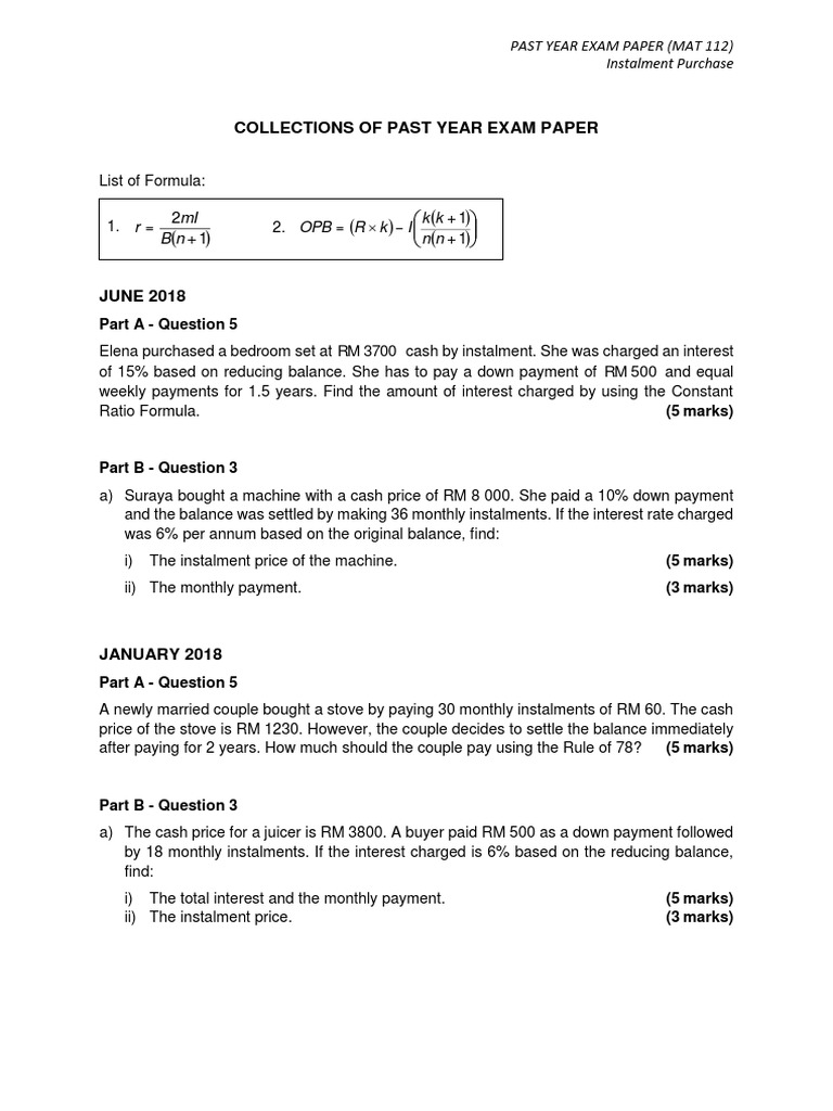 MAT112 Instalment Purchase Questions | PDF | Interest | Cash