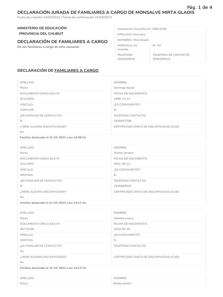 Declaración Familiar Monsalve Chubut | PDF | Salud y bienestar