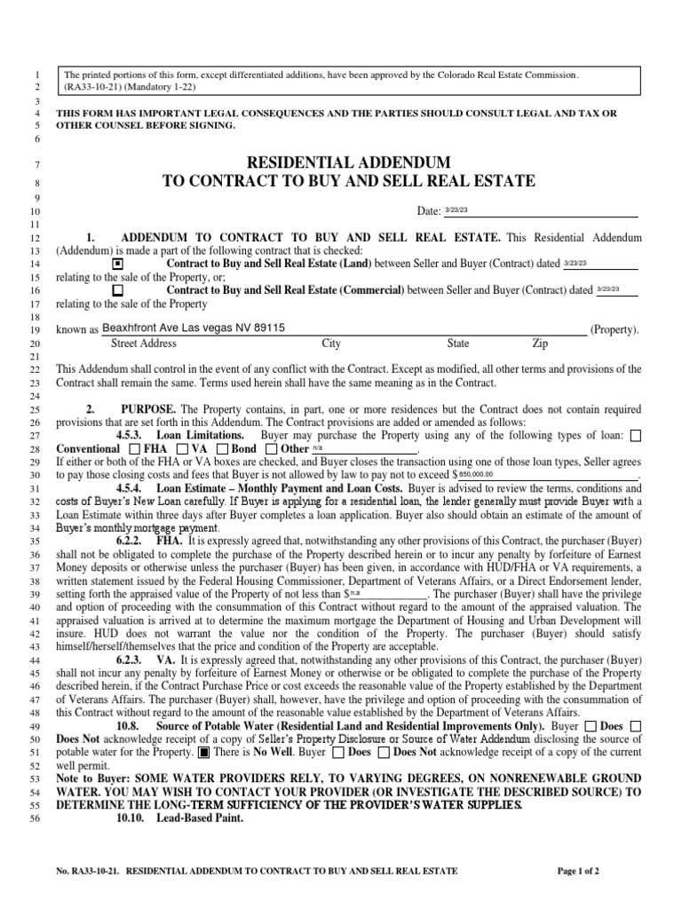 Residential Addendum To Contract To Buy and Sell Real Estate | Download ...