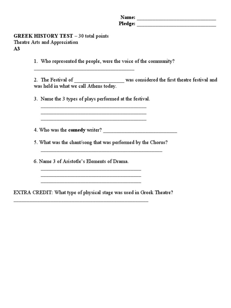 Greek History Theatre Test Questions | PDF