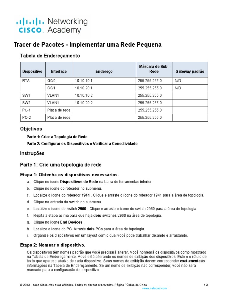 1.6.1 Packet Tracer - Implement A Small Network - PT BR | PDF | Rede de computadores | Comutador ...