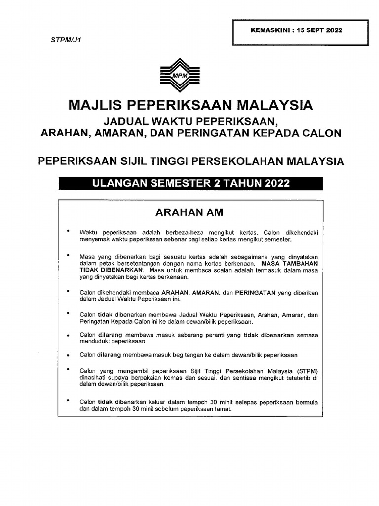 JADUAL W U2 2022 | PDF