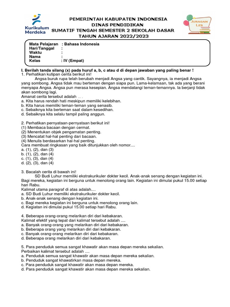 Soal PTS Bahasa Indonesia Kelas 4 Semester 2 Kurikulum Merdeka T.A 2022-2023 | PDF