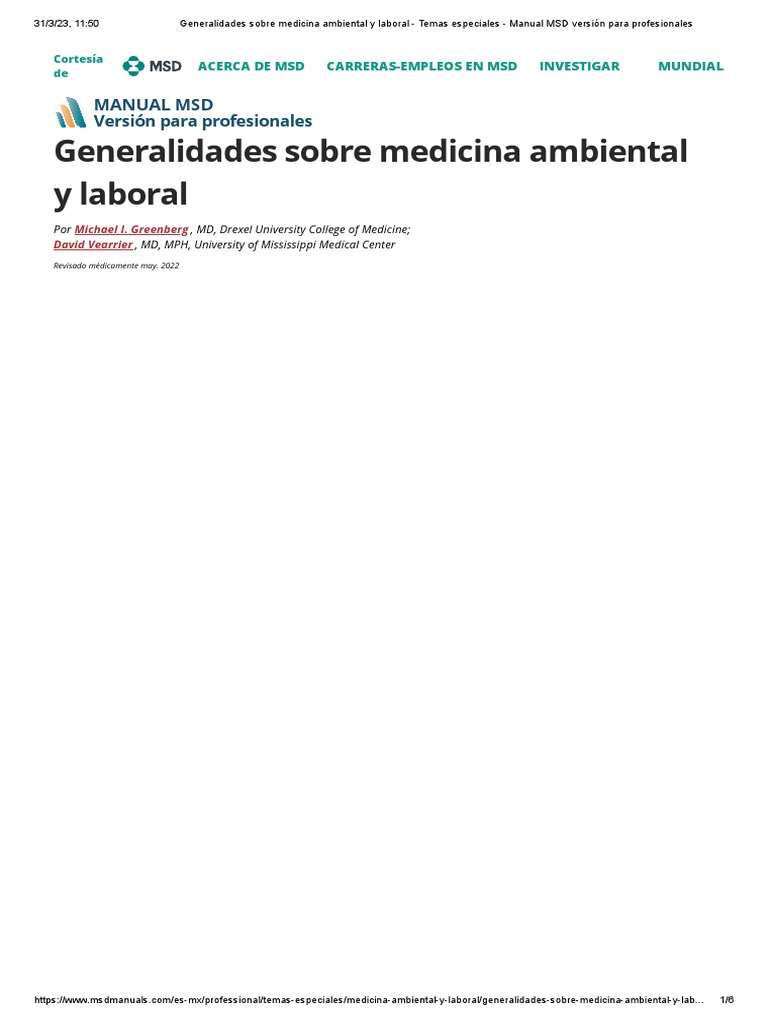 Generalidades Sobre Medicina Ambiental y Laboral - Temas Especiales - Manual MSD Versión para ...