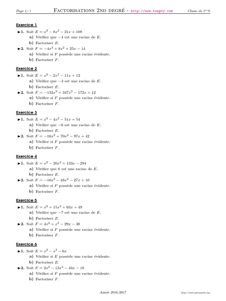 Exercices de factorisation polynômes 3ème | PDF