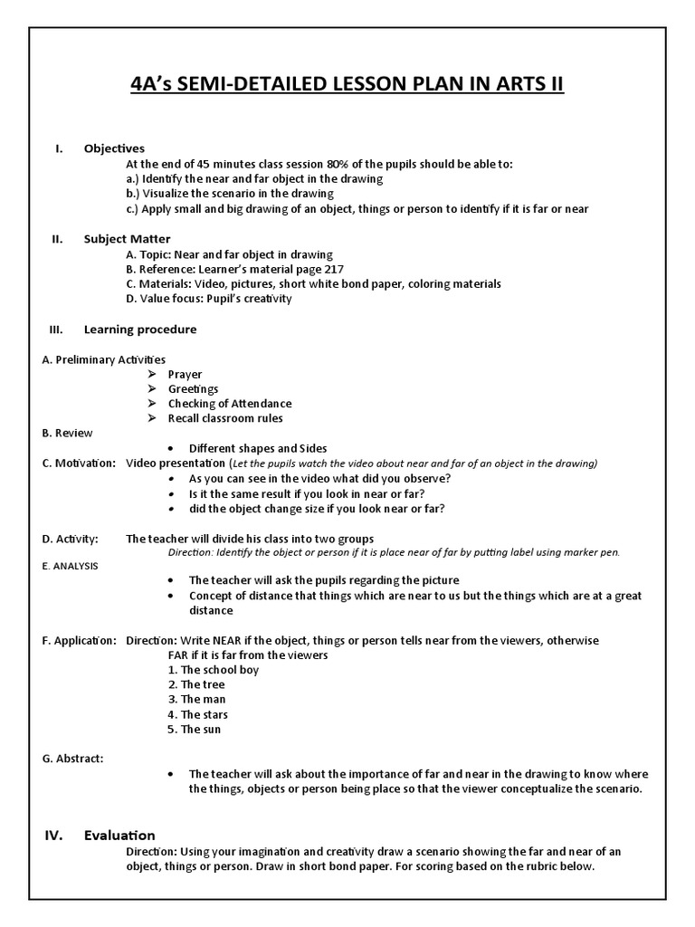 4A'S Semi-Detailed Lesson Plan in Arts Ii: I. Objectives | PDF | Learning | Teachers