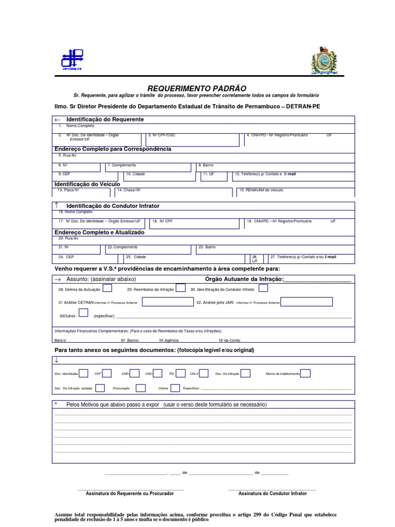 Requerimento padrão Detran pe | PDF