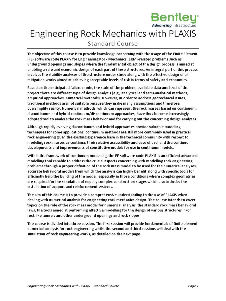Engineering Rock Mechanics With PLAXIS - Standard Course - Syllabus Nov ...