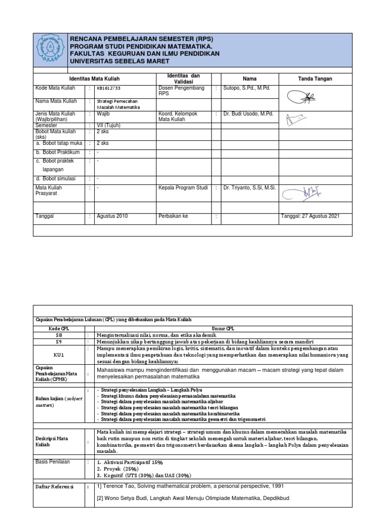 Rencana Pembelajaran Semester (RPS) Program Studi Pendidikan Matematika ...