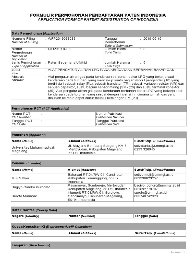 Formulir Permohonan Pendaftaran Paten Indonesia: Application Form of ...