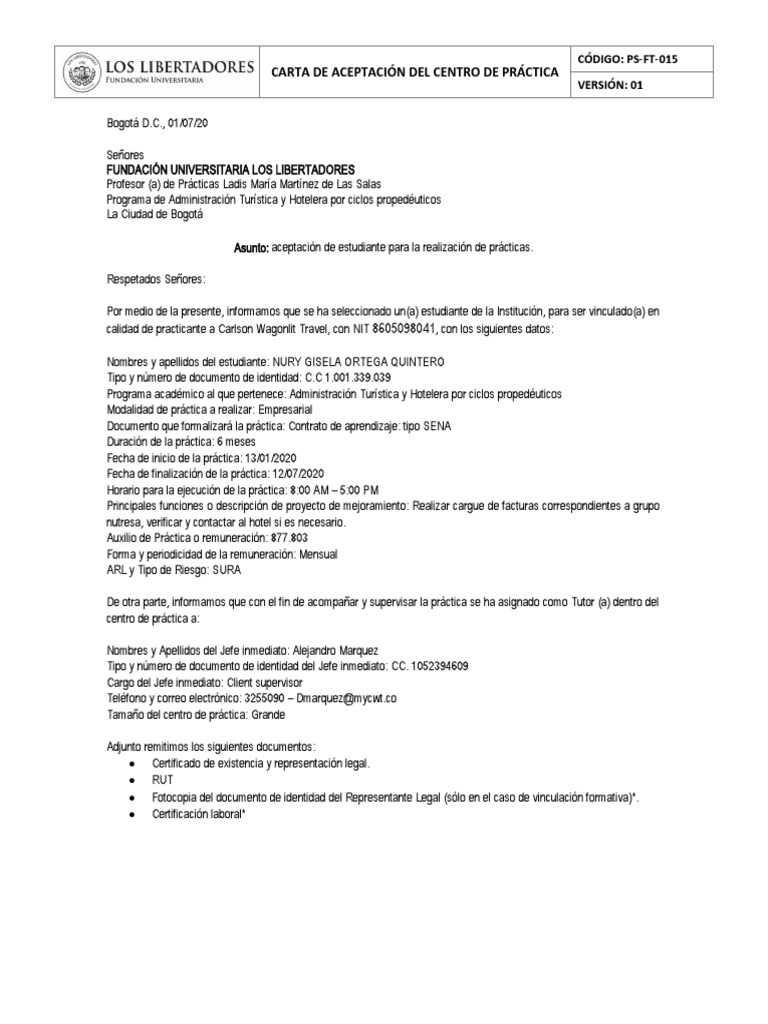 PS-FT-015 Carta de Aceptacion Del Centro de Practica 2020 | PDF