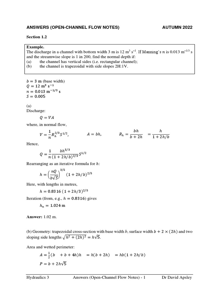 Answers (Open-Channel Flow Notes) AUTUMN 2022 Section 1.2 Example | PDF ...