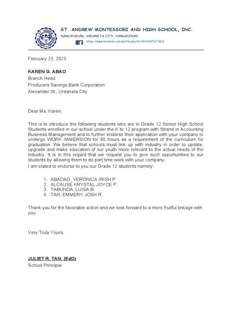 Letter Head Work Immersion2023 | PDF