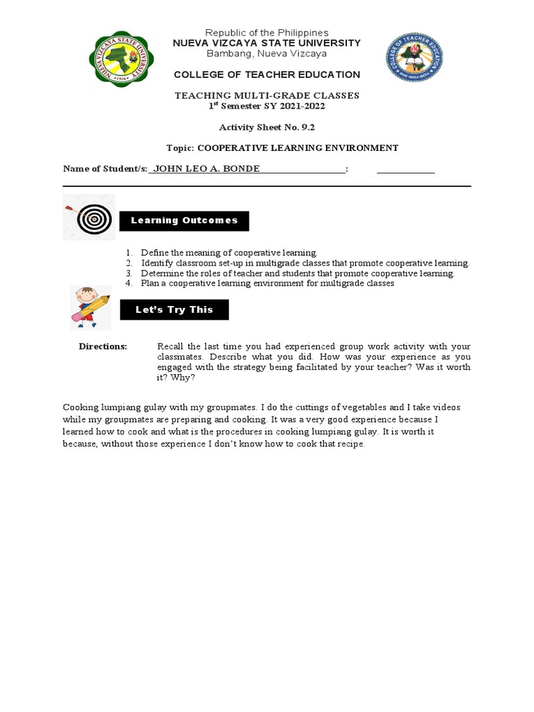 Activity 9.2 Cooperative Learning Environment | PDF | Teachers | Curriculum