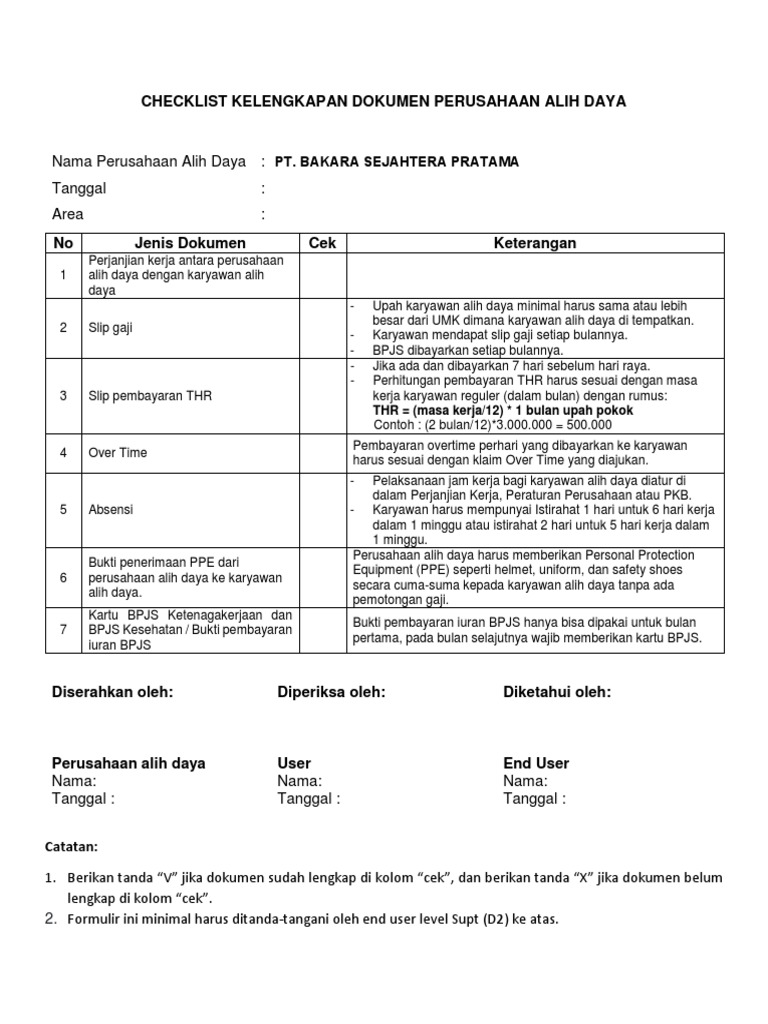 Checklist Kelengkapan Dokumen Perusahaan Alih Daya | PDF