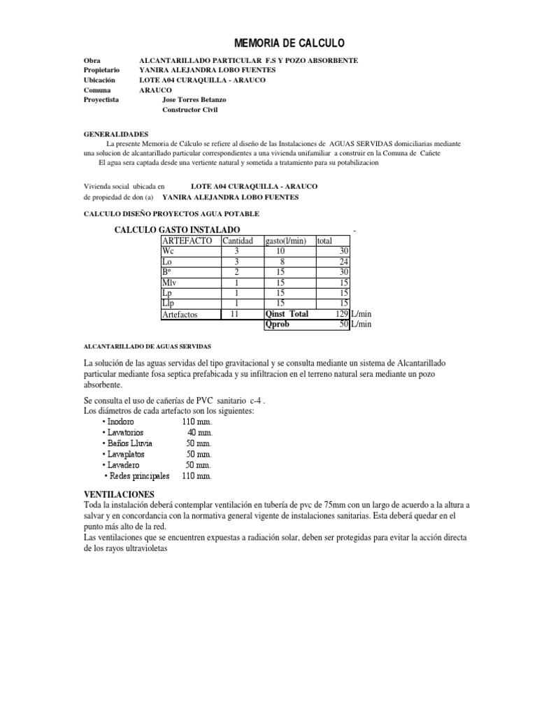 Diseño de Fosa Séptica y Pozo Absorbente | PDF | Tanque séptico ...