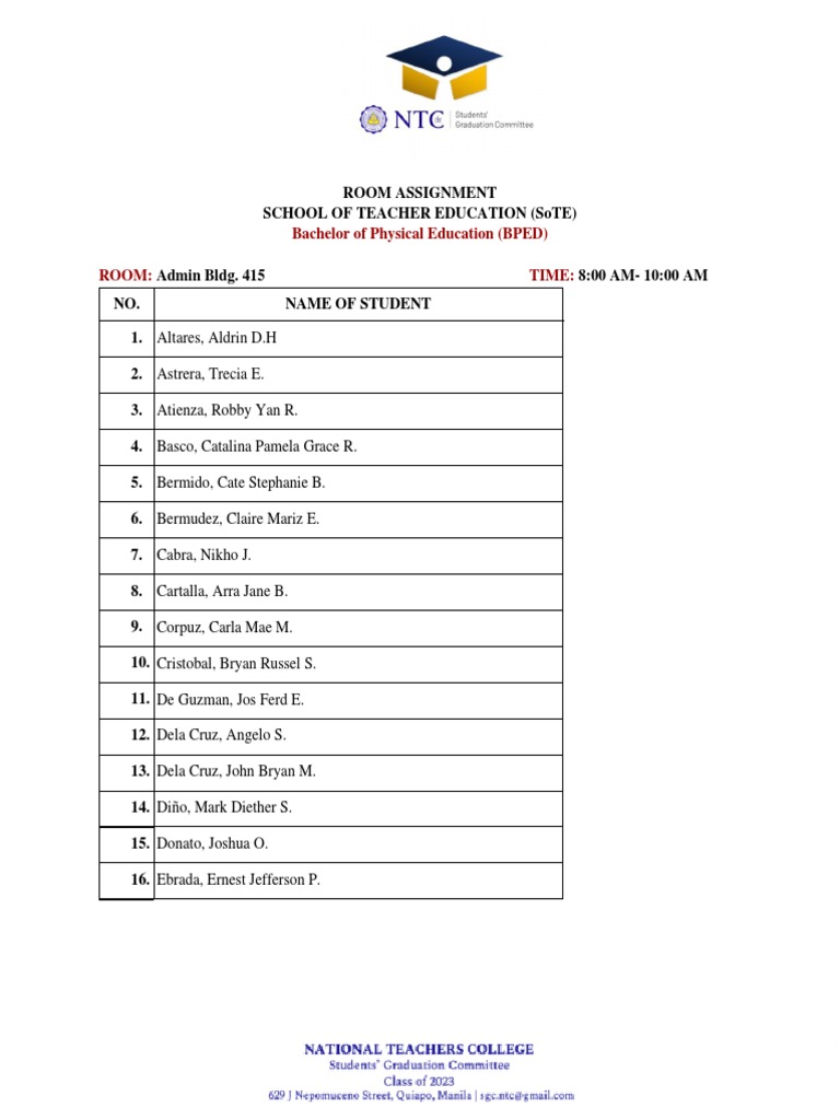 BPED Room Assignment Schedule | PDF
