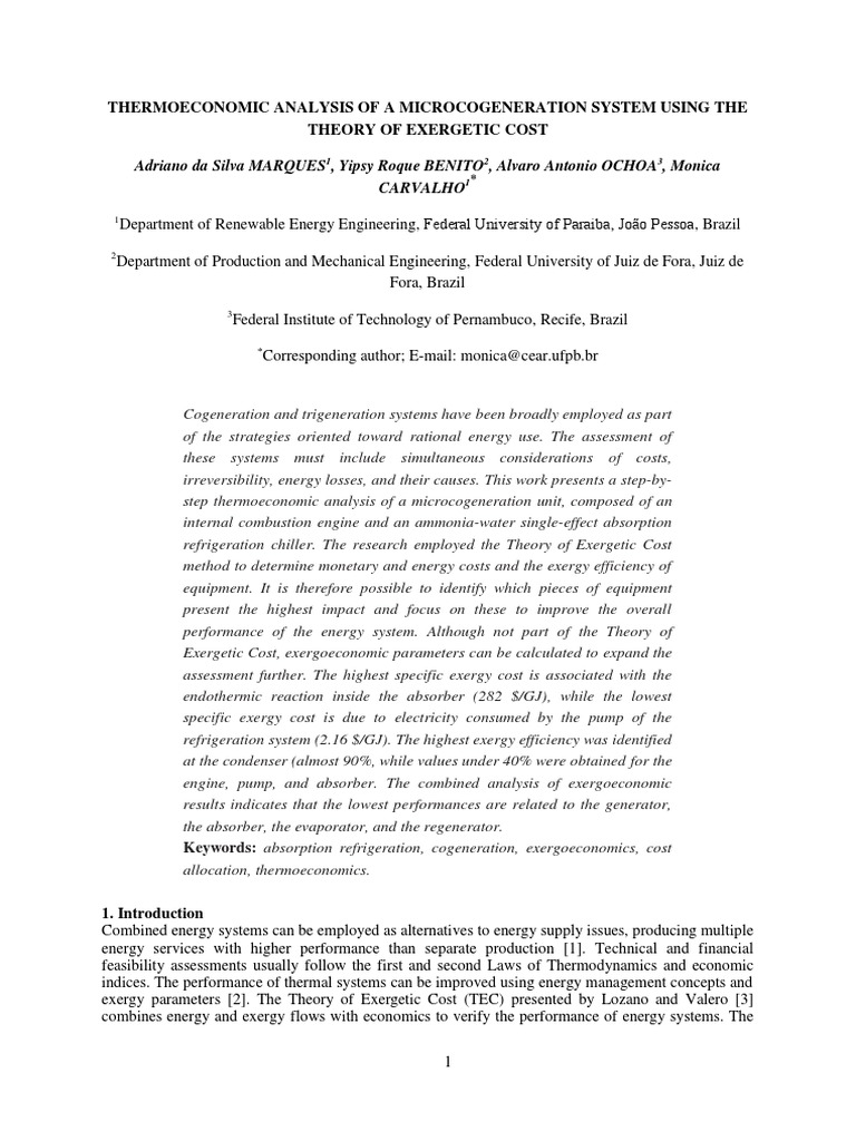 Thermoeconomic Analysis of A Microcogeneration System Using The Theory of Exergetic Cost | PDF ...