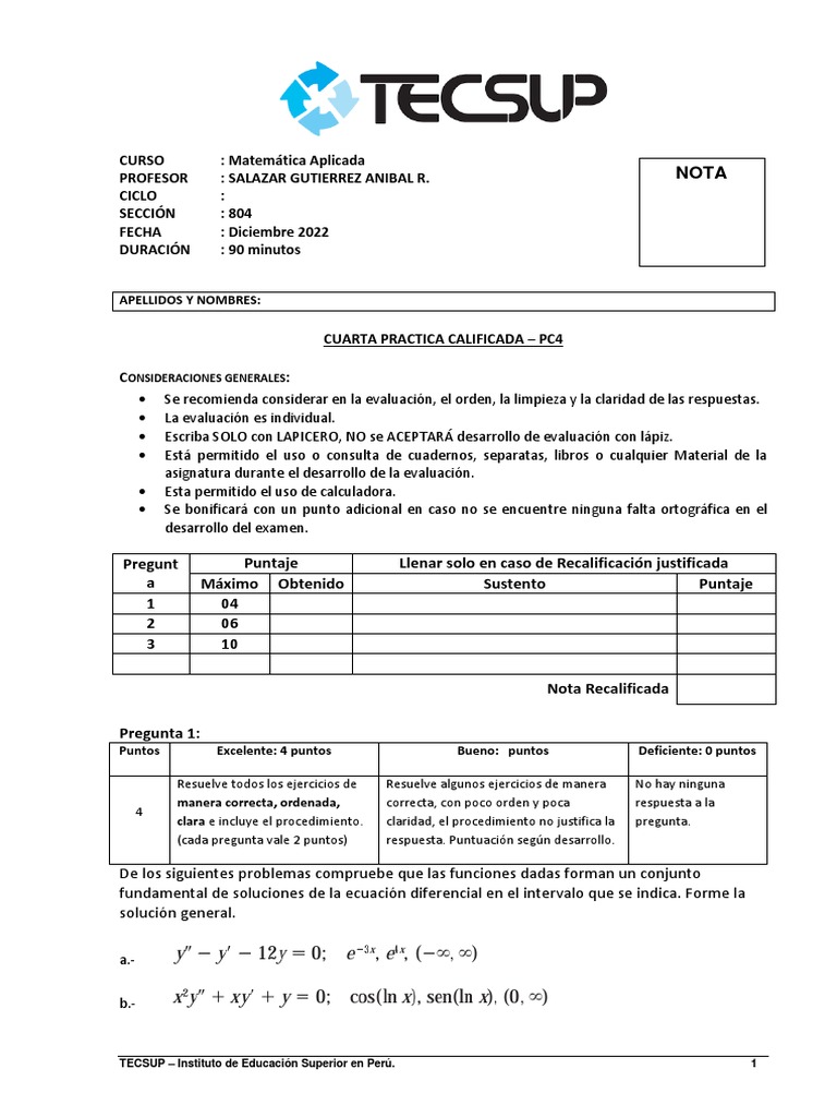 PC4 Matematica Aplicada - ASG - 2022 | PDF | Ecuaciones | Matemáticas