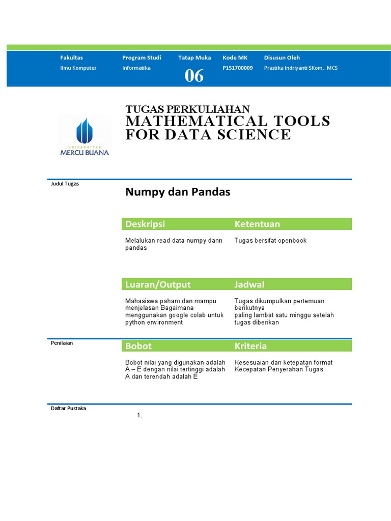 Assigment Numpy Pandas | PDF | Metode & Bahan Ajar | Komputer Assigment Numpy Pandas | PDF | Metode & Bahan Ajar | Komputer