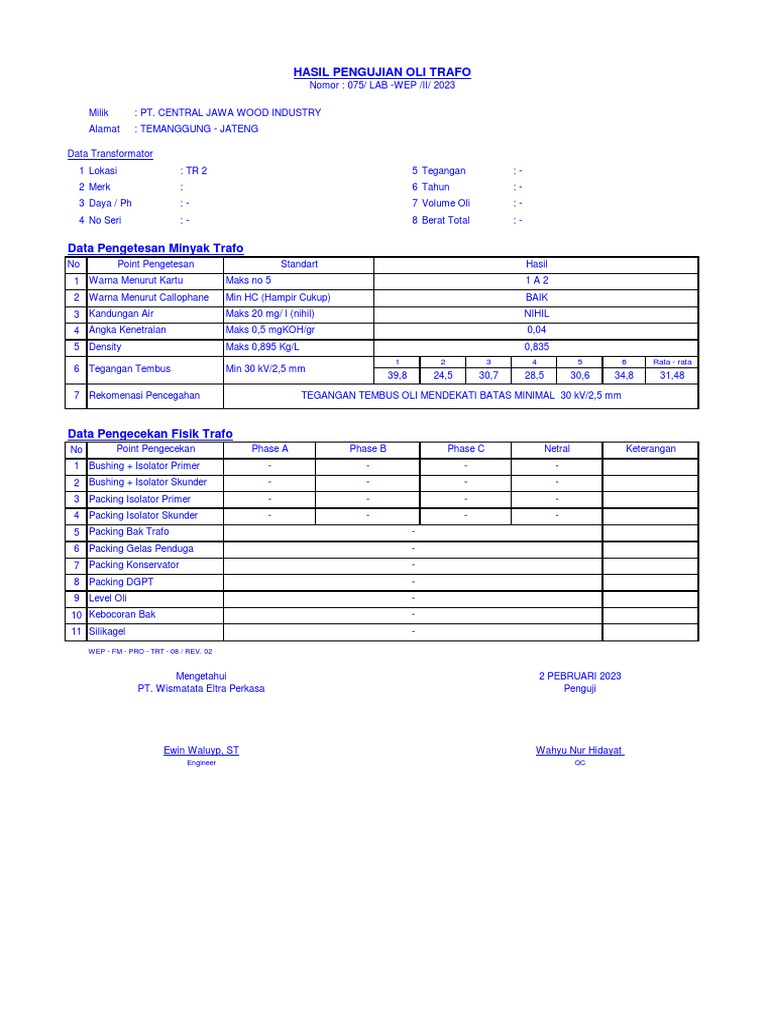 Hasil Pengujian Oli Trafo: 1 2 3 4 5 6 Rata - Rata | PDF