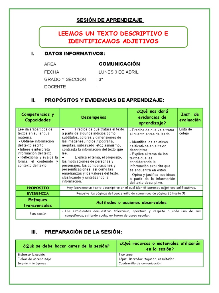 Leemos Un Texto Descriptivo E Identificamos Adjetivos Sesión De