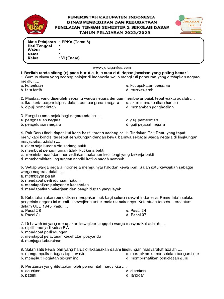 Soal Tema 6 Kelas 6 Semester 2 T.A 2022-2023 Mapel PPKN | PDF
