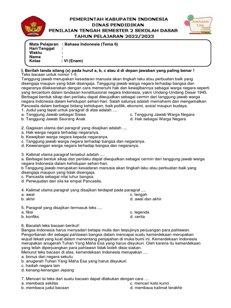 Soal Tema 6 Kelas 6 Semester 2 T.A 2022-2023 Mapel Bahasa Indonesia | PDF