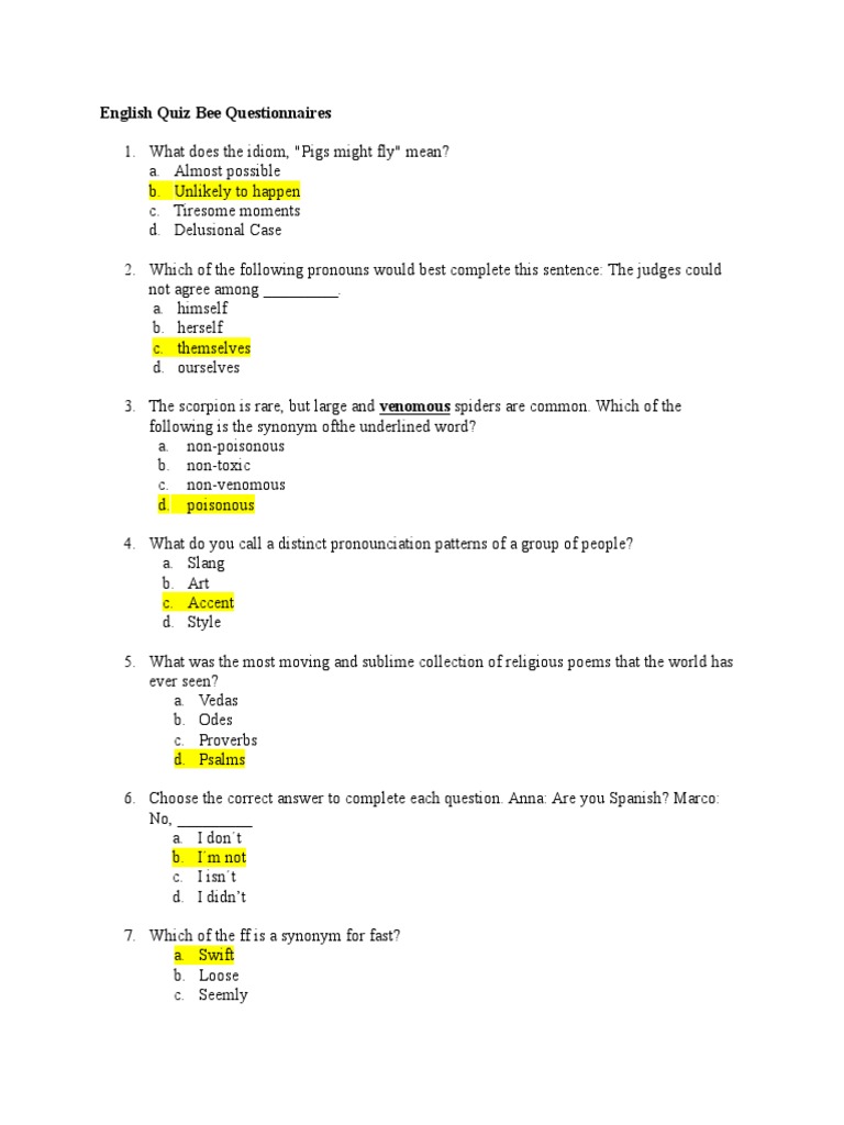 Grade 10 - English Quiz Bee | PDF