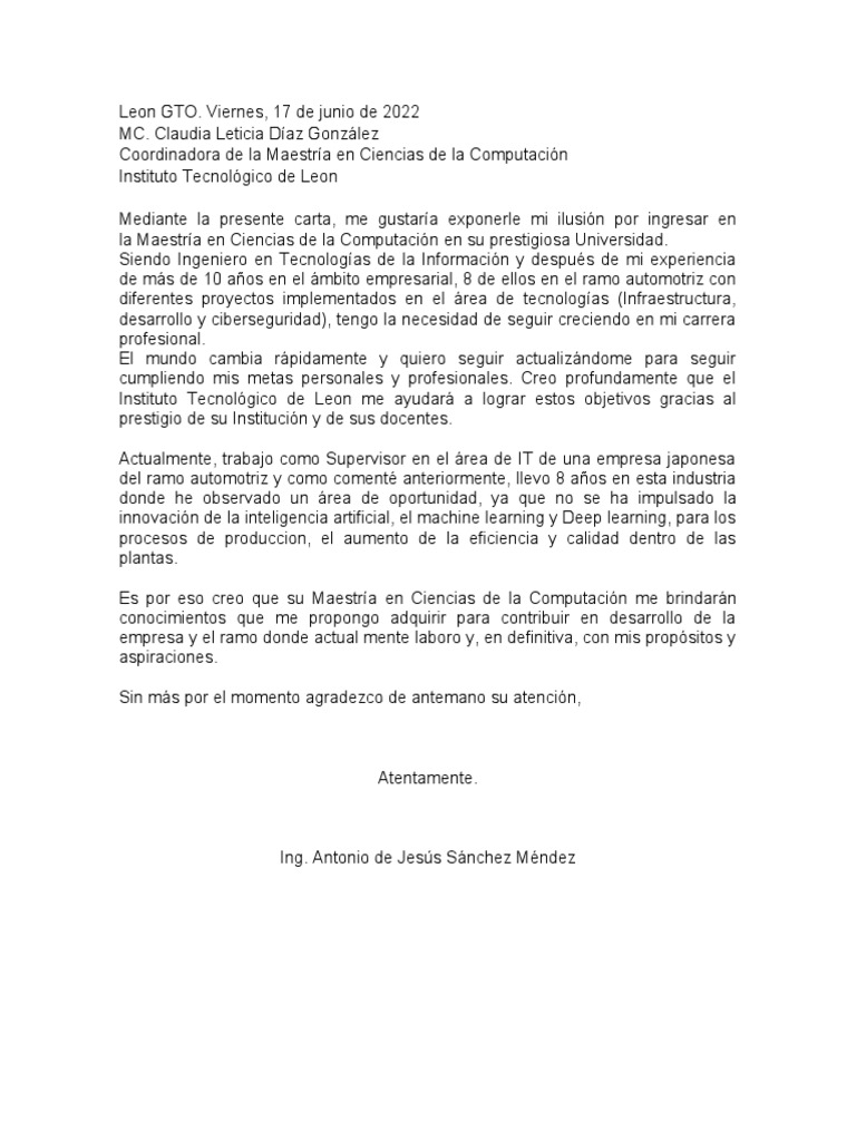 Carta de Exposicion de Motivos para Maestria | PDF Carta de Exposicion de Motivos para Maestria | PDF