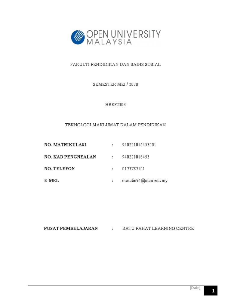 Fakulti Pendidikan Dan Sains Sosial: No. Matrikulasi: No. Kad Pengnealan: No. Telefon: E-Mel | PDF