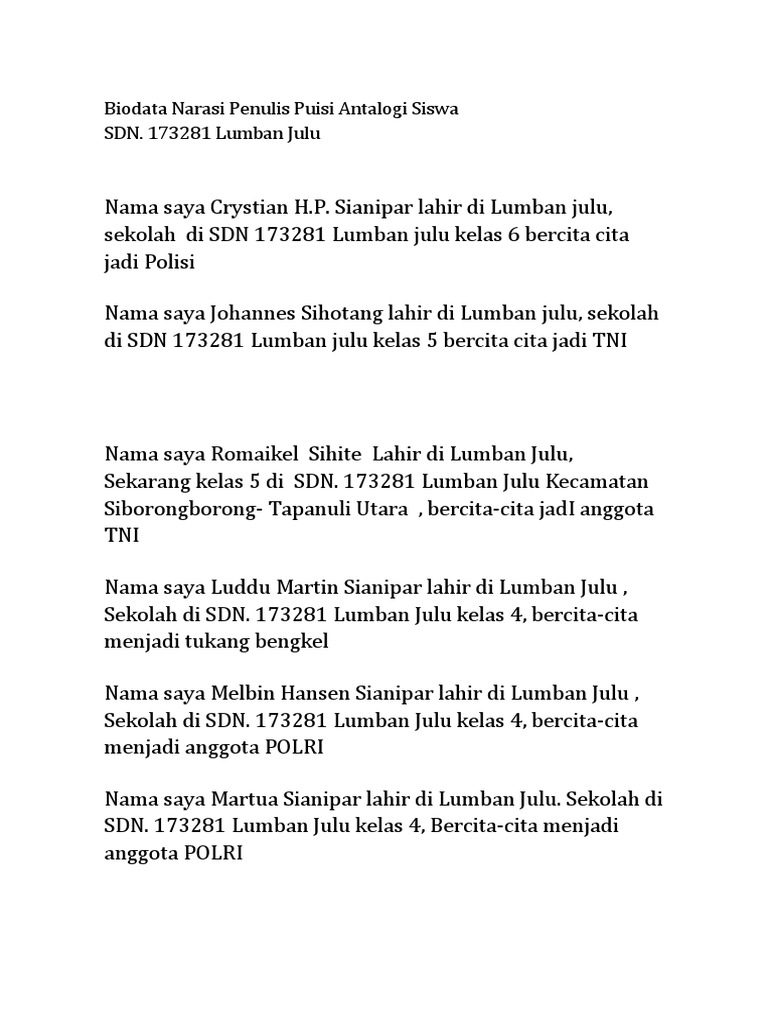Biodata Narasi Penulis Puisi Antalogi Siswa | PDF
