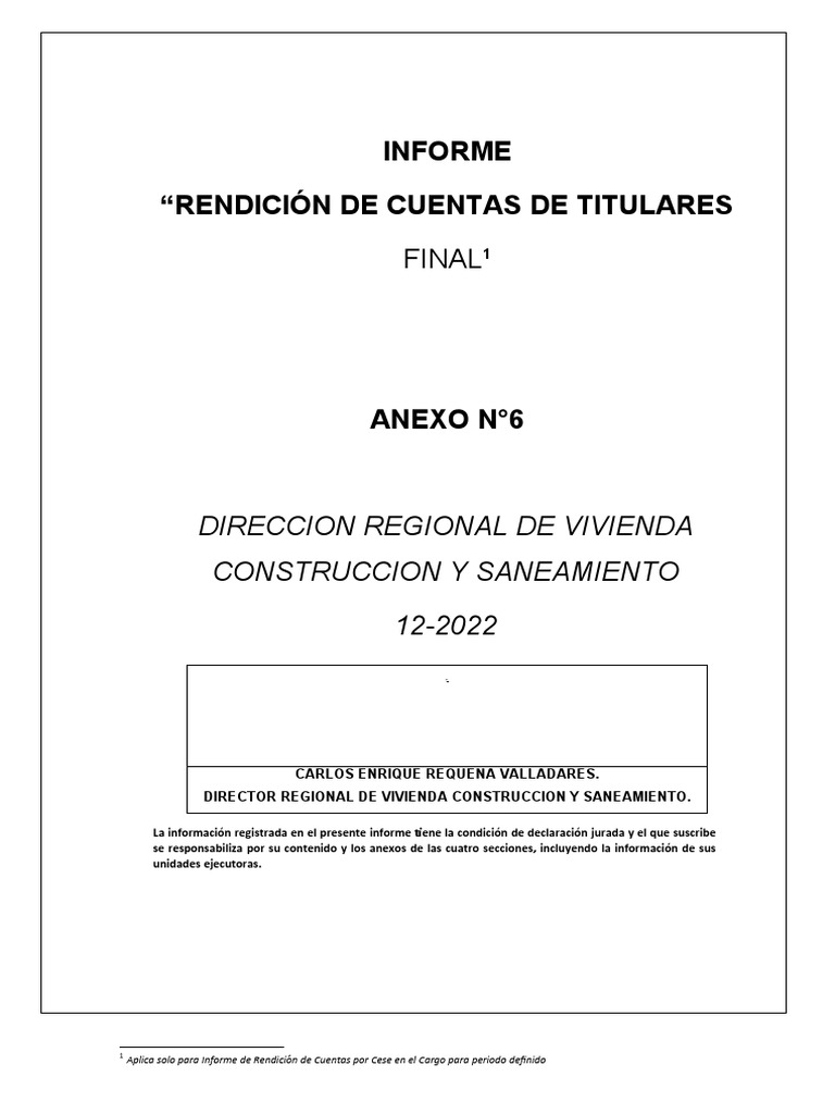 Modelo de Informe de Rendición de Cuentas de Titulares - Entidades - Anexo N°06 | PDF ...