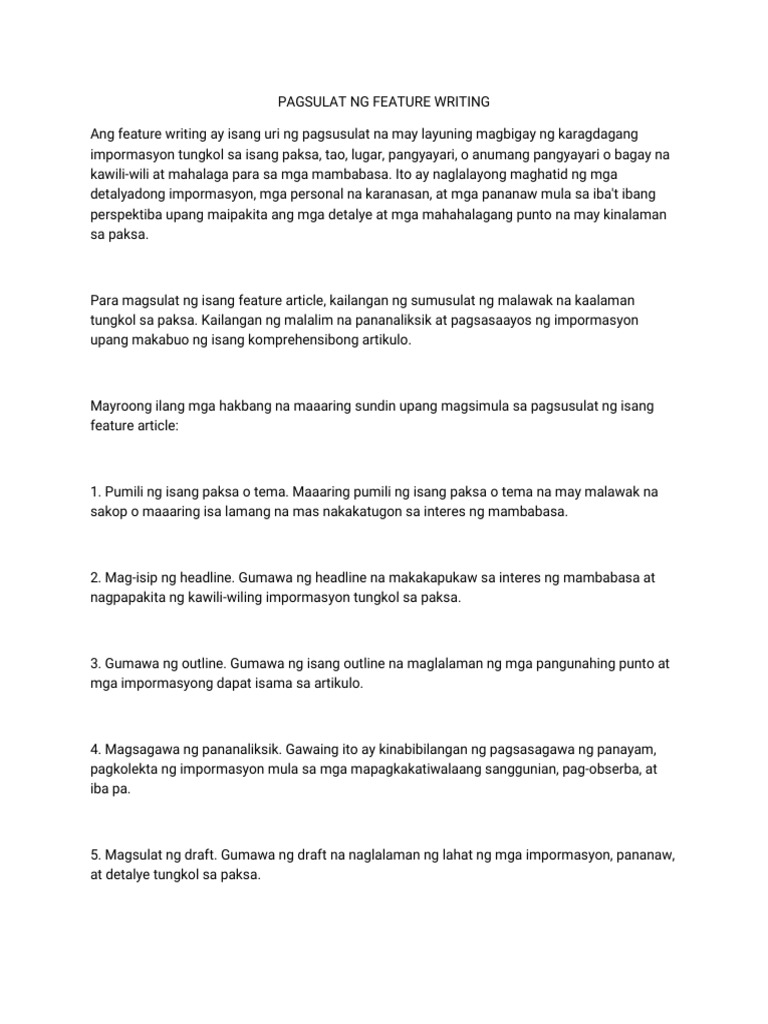 PAGSULAT NG FEATURE WRITING | PDF